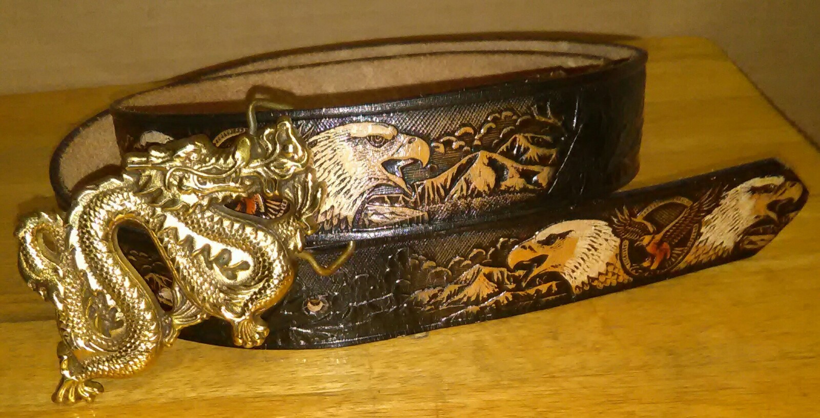 1981 BARON BUCKLE DRAGON FIRE FLAME LEATHER BELT 55 I… - Gem
