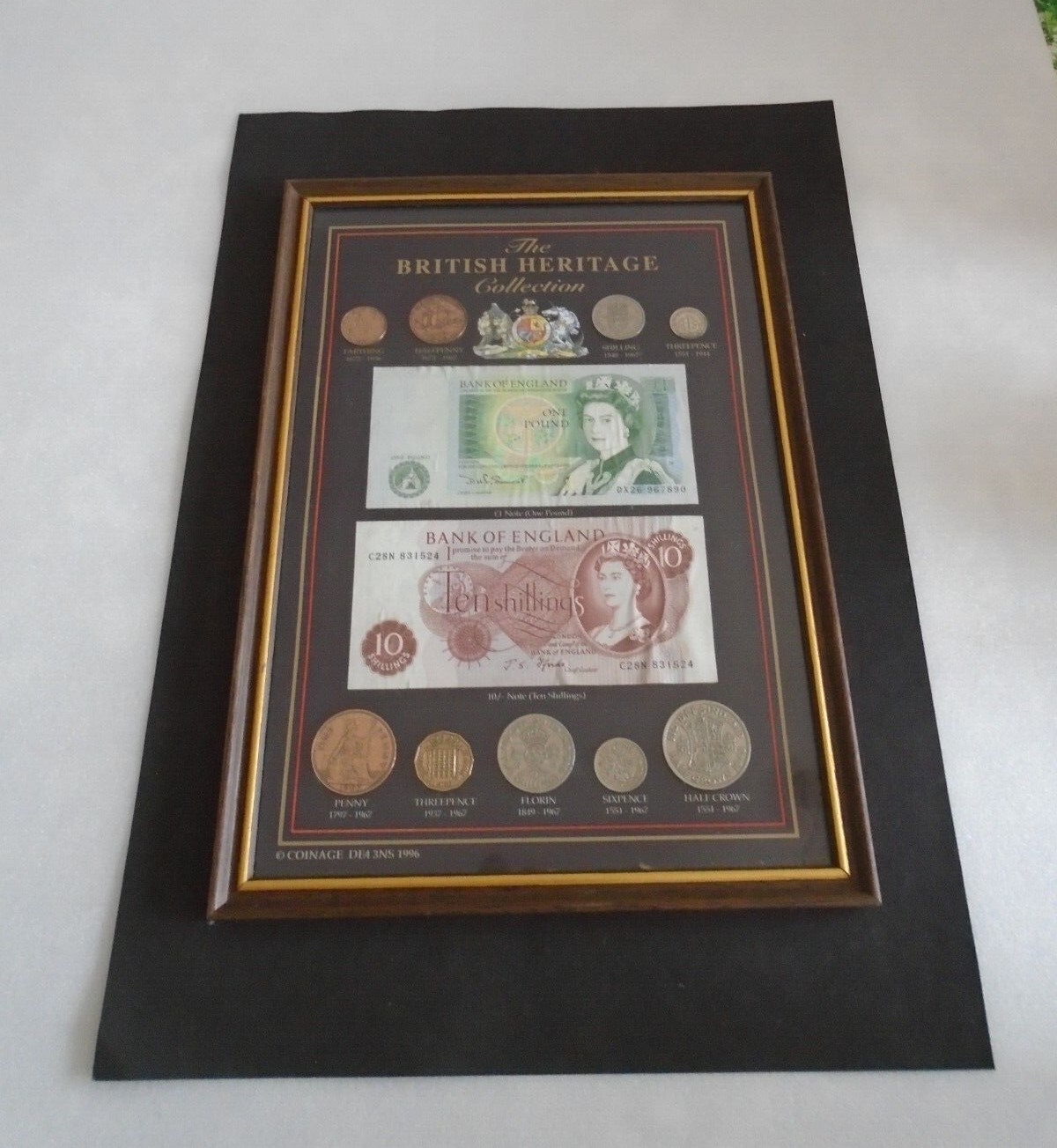 VINTAGE FRAMED THE BRITISH HERITAGE COIN AND NOTE COLLECTION - 9 COINS ...