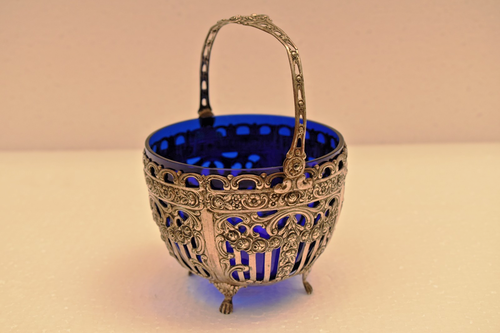 Antique Silver Plated Filigree Basket with Cobalt Blue Glass Liner ...