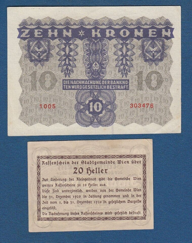 Austria banknotes 10 Kronen 1922. + 20 Heller 1920. - 2 PCS ! | eBay