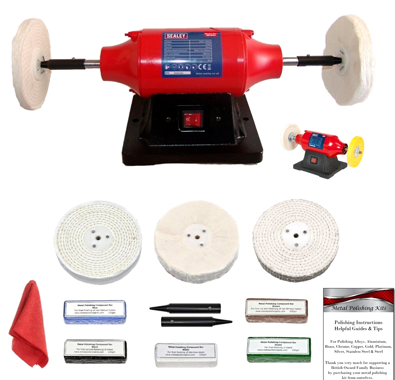 370W Metal Polisher Polishing Machine Sealey 6" Kit + Spindle Adapters ...