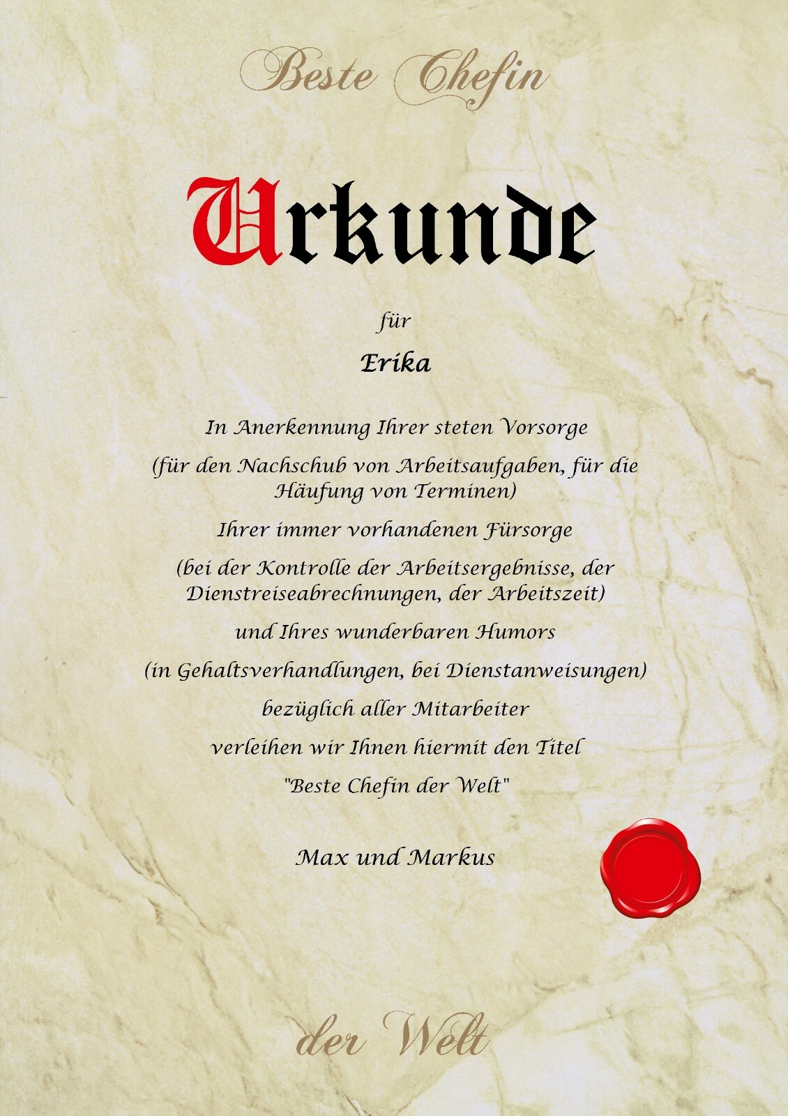 Urkunde personalisiert Geschenk Karte bester Chef beste Chefin der Welt ...