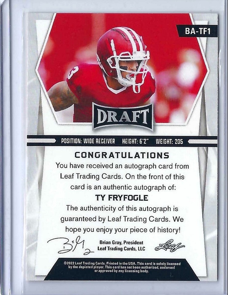 2022 Leaf Draft Ty Fryfogle Auto #BA-TF1 A361 | eBay