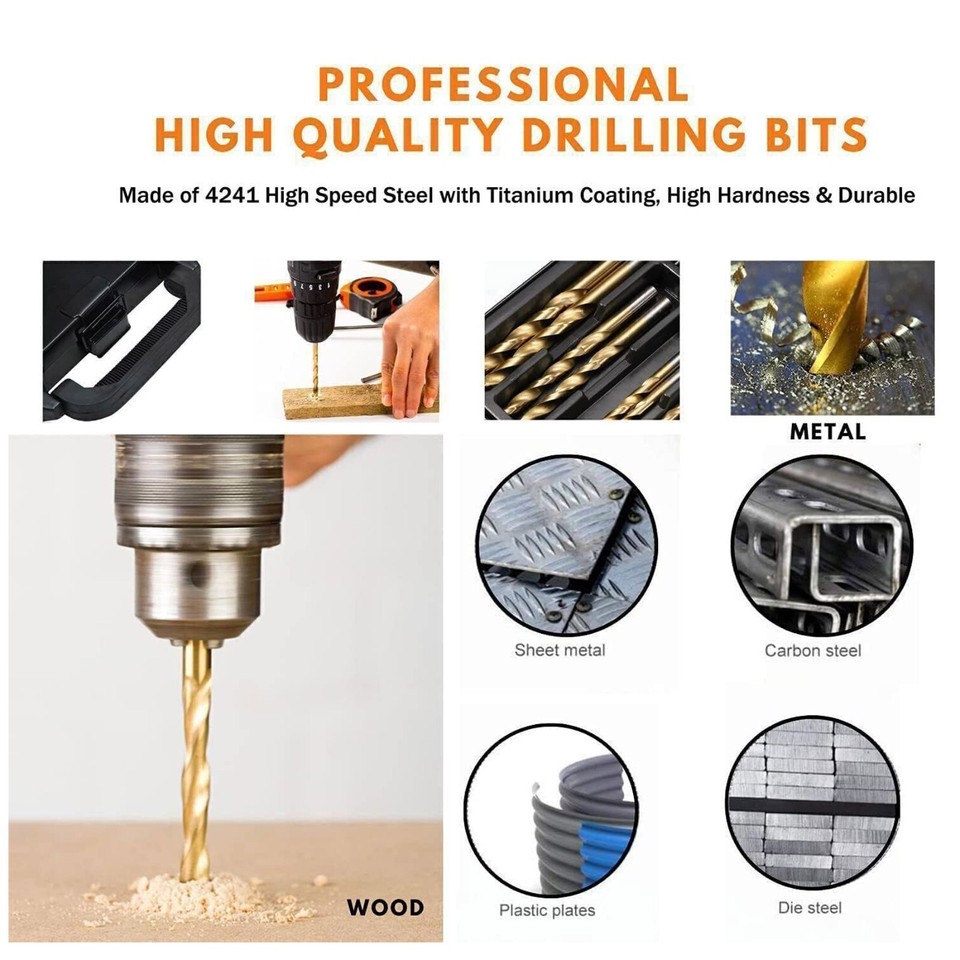 100PCS Drill Bit Set 1/16"-3/8" HSS Titanium Multi Drill Bits Twist ...