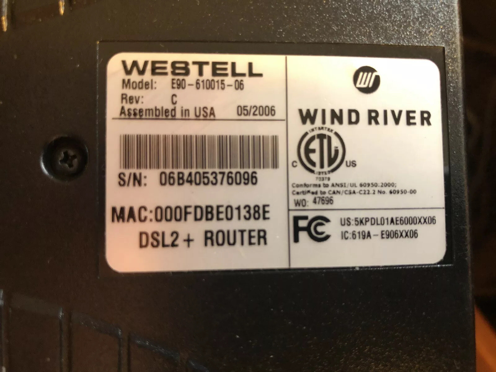 Westell DSL2 Modem and Router with Power and Phone Cords (Model E90 ...