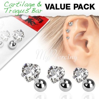 3 Pcs 16G~1/4" - 6mm Value Pack of Assorted Tragus Bar with Clear ...