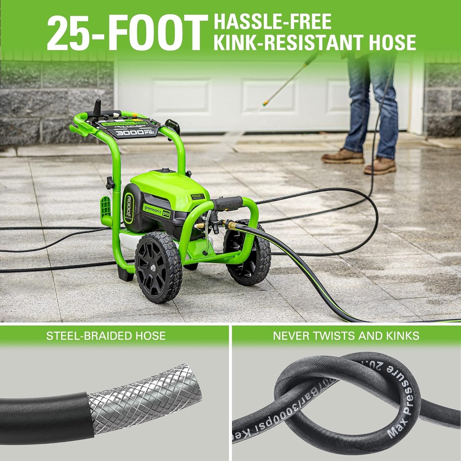 Greenworks Pro 3000 Psi Electric Pressure Washer GPW3001 25Ft Hose 35Ft ...