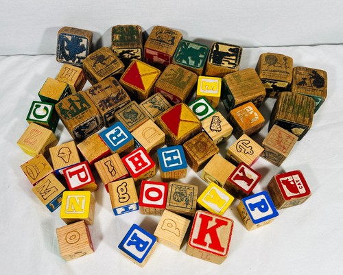 VINTAGE LOT OF 51 WOOD ALPHABET BUILDING BLOCKS CHILDREN'S WOODEN ...