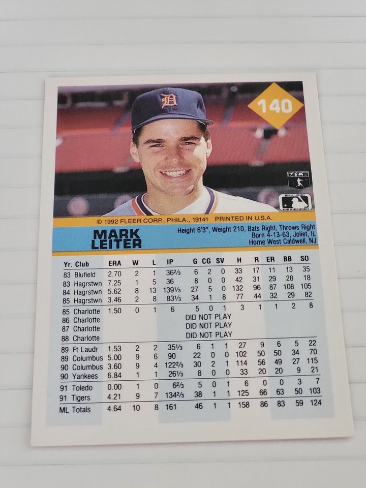 1992 FLEER BASEBALL CARD MARK LEITER # 140 DETROIT TIGERS | eBay