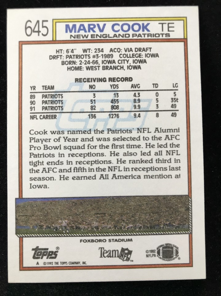 Marv Cook -Iowa- New England Patriots Autographed Card | eBay