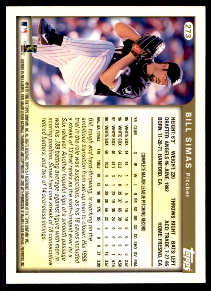 1999 Topps Baseball Card Bill Simas Chicago White Sox #273 | eBay