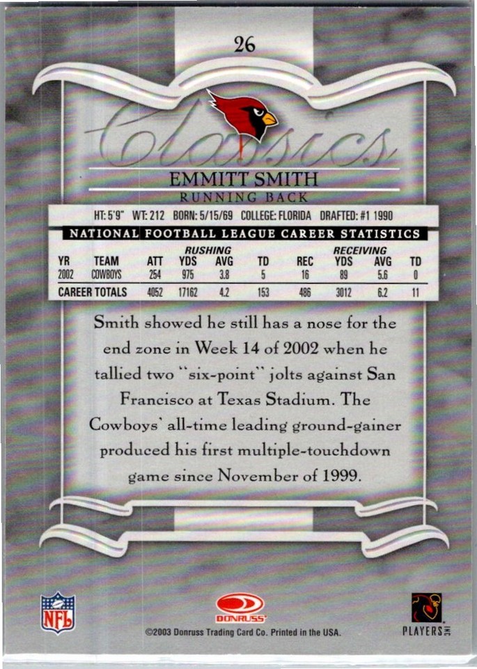 Emmitt Smith 2003 Donruss Football Card #26 (NM) | eBay