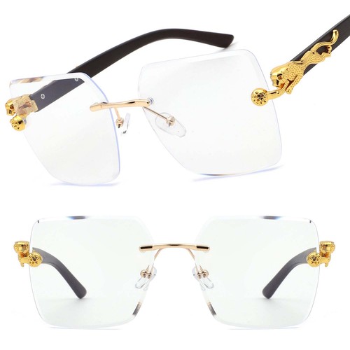 Designer Luxury Gold Emblem Rimless Hip Hop Rapper Square Clear Lens ...