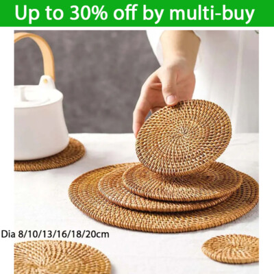 Natural Rattan Woven Coasters Heat Rattan Wicker Weave Drinks Mats, Dia ...