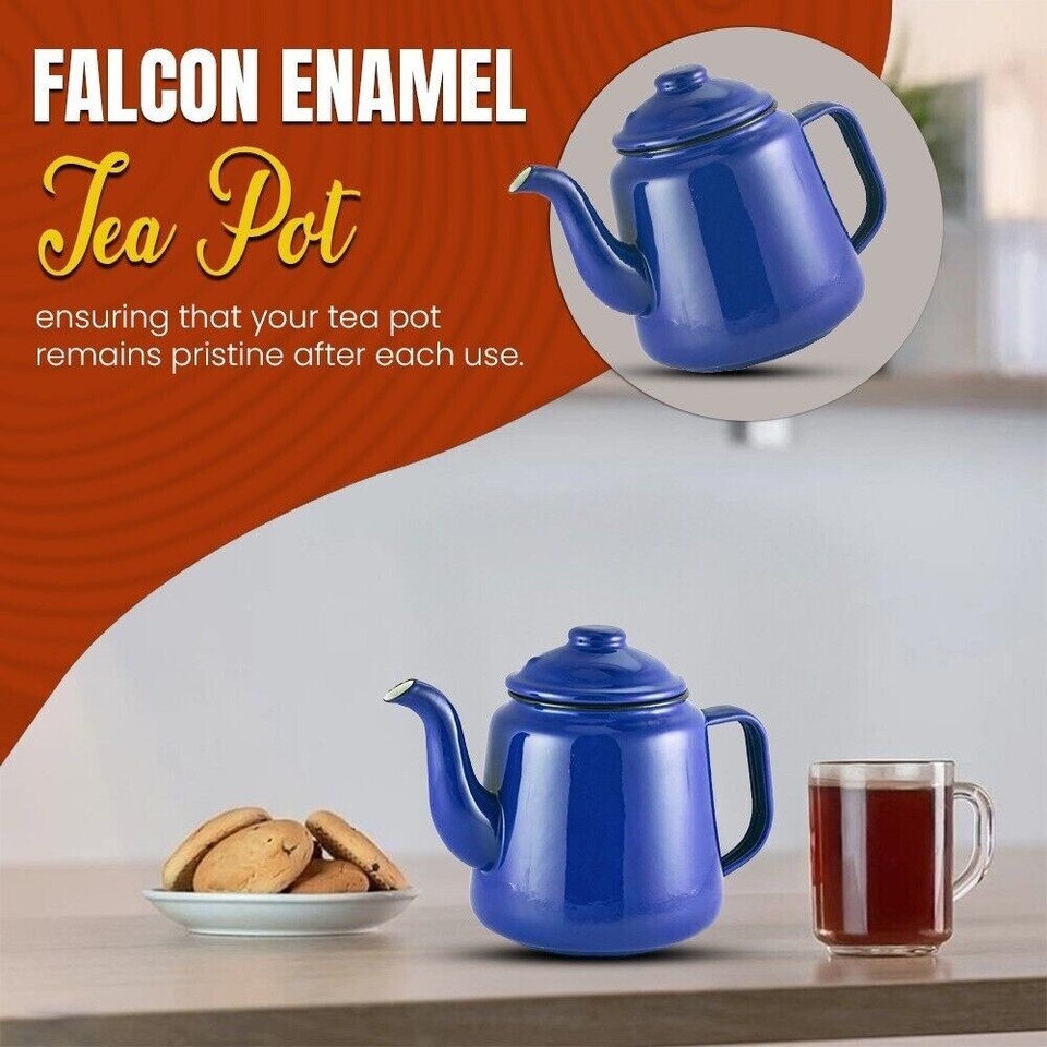 Falcon Blue Enamel Tea Pot w/ Handle & Lid 14cm Coffee Maker Kettle ...