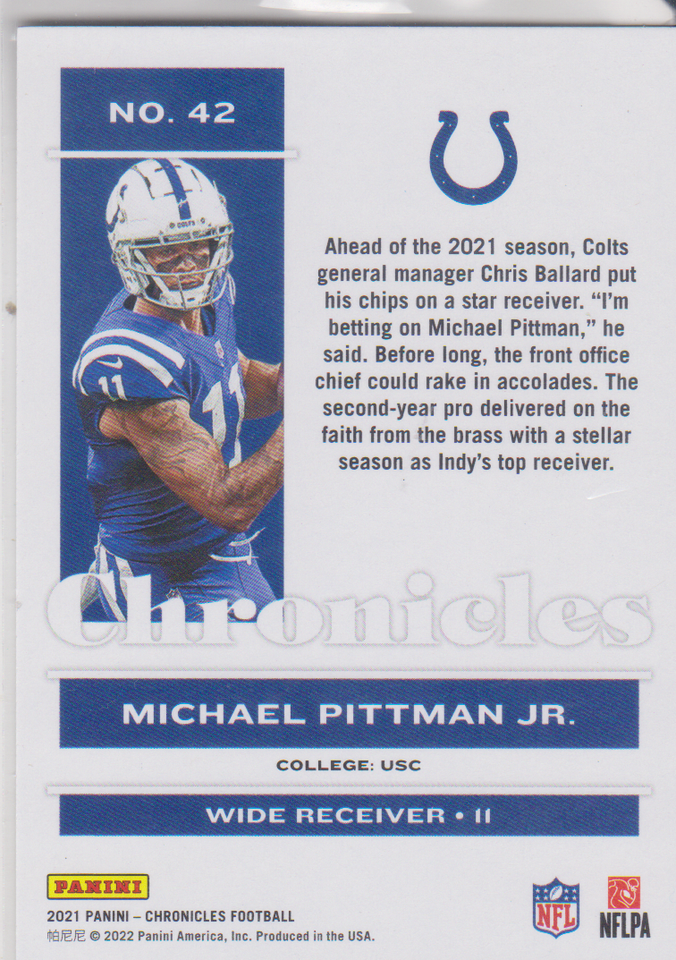 2021 Panini Chronicles Michael Pittman base card #42 Indianapolis Colts ...