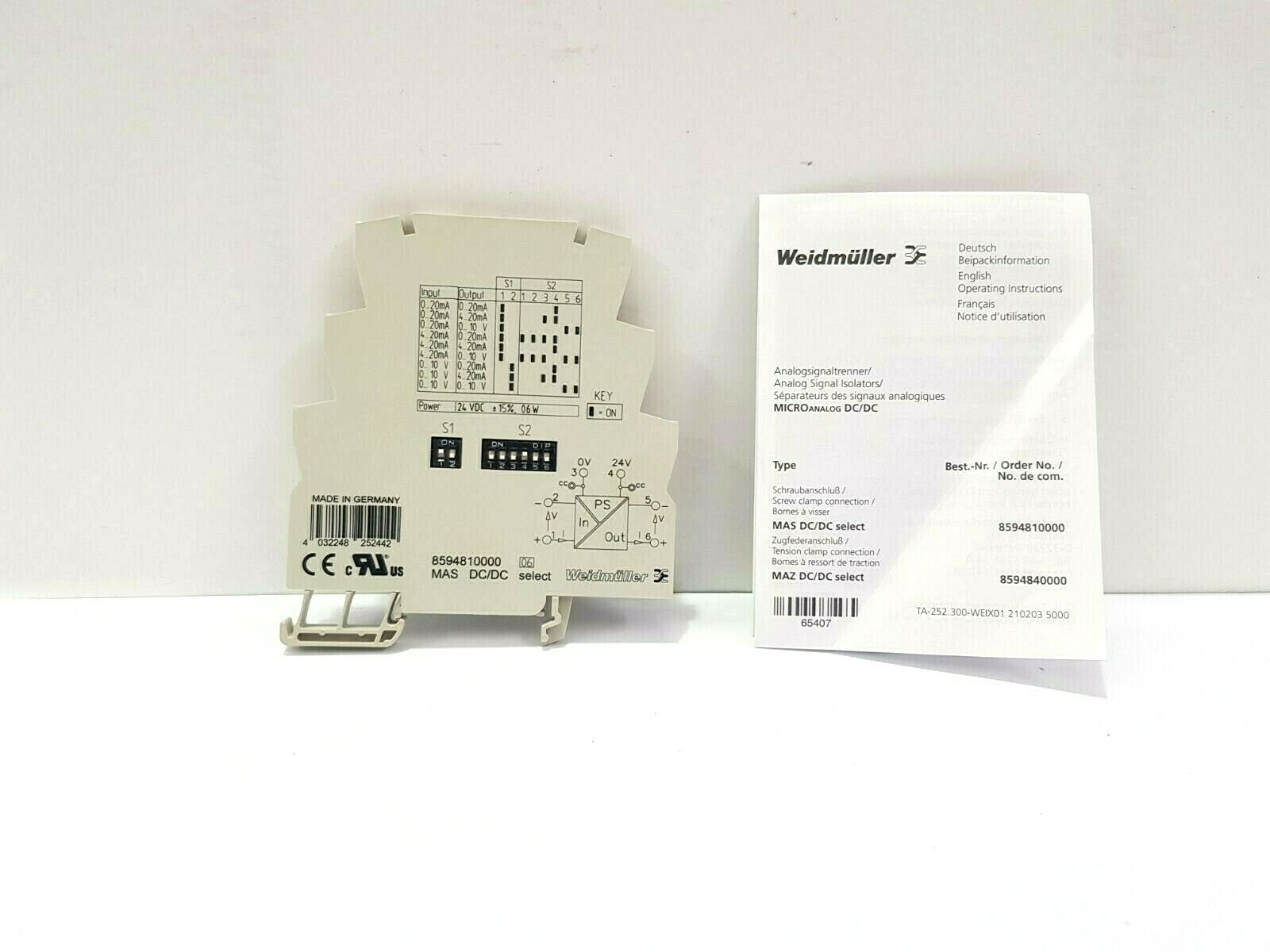 WEIDMULLER ANALOG SIGNAL ISOLATORS MAS DC/DC SELECT 8594810000 / FAST ...