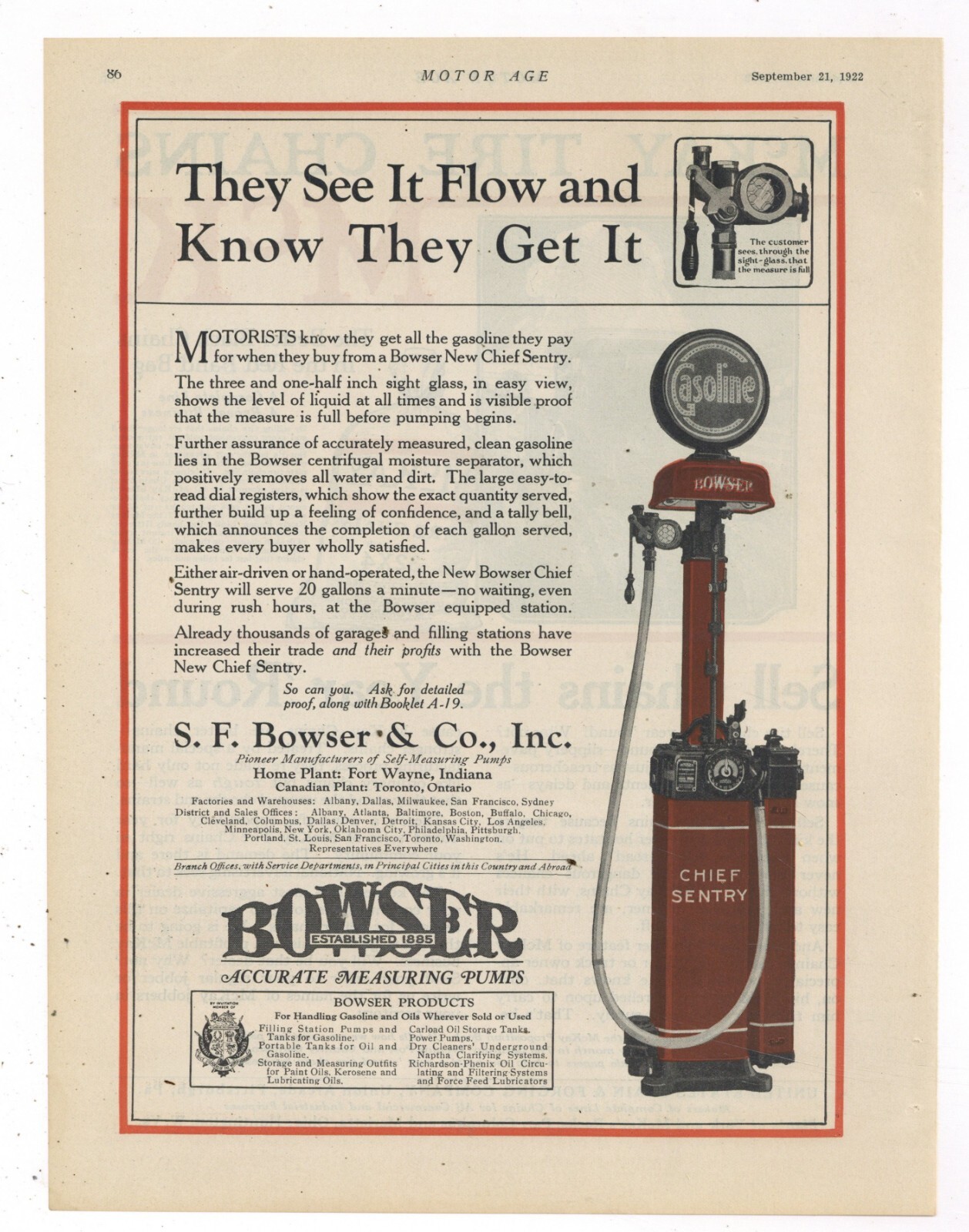 1922 S. F. Bowser Ad: Chief Sentry Visible Gas Pump Close Up Pic - Ft ...