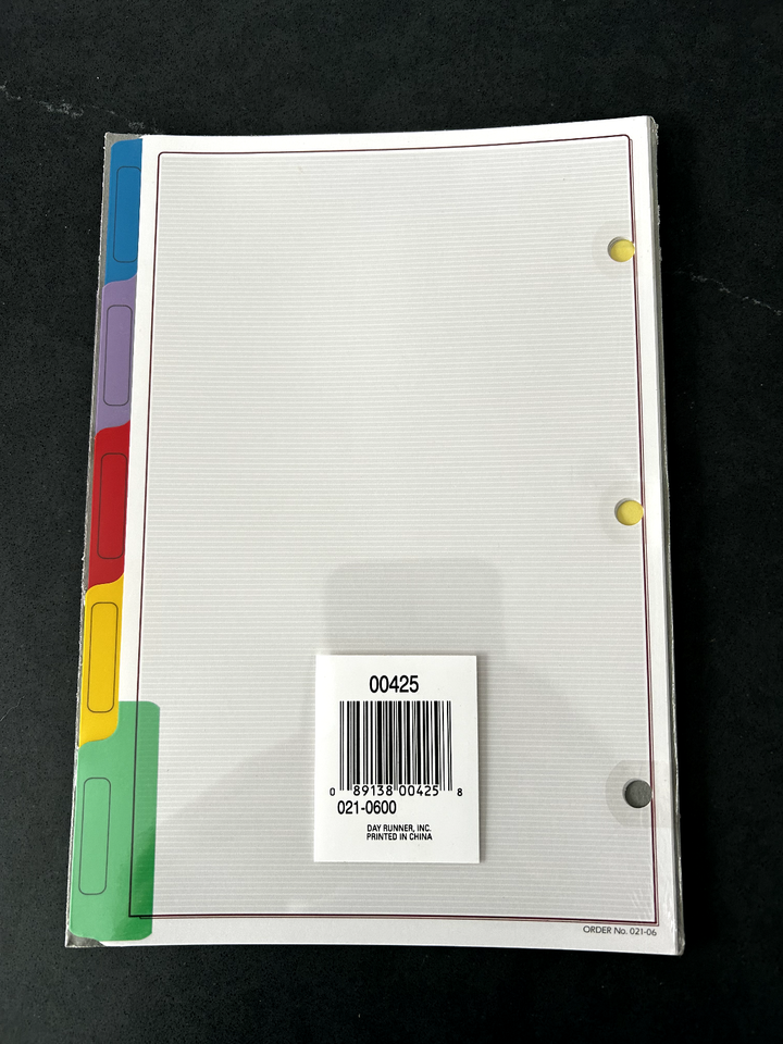 Vintage Day Runner 5 Tab Blank Refills--#021-0600--Fits 3 Ring--5 1/2 ...
