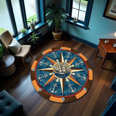 Marine Nautical Compass Round Rug Nonslip Yacht Mat Ocean Sea Side ...