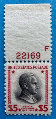 US Stamp Scott 834 5 dollar single of Calvin Coolidge 1938 top plt ...