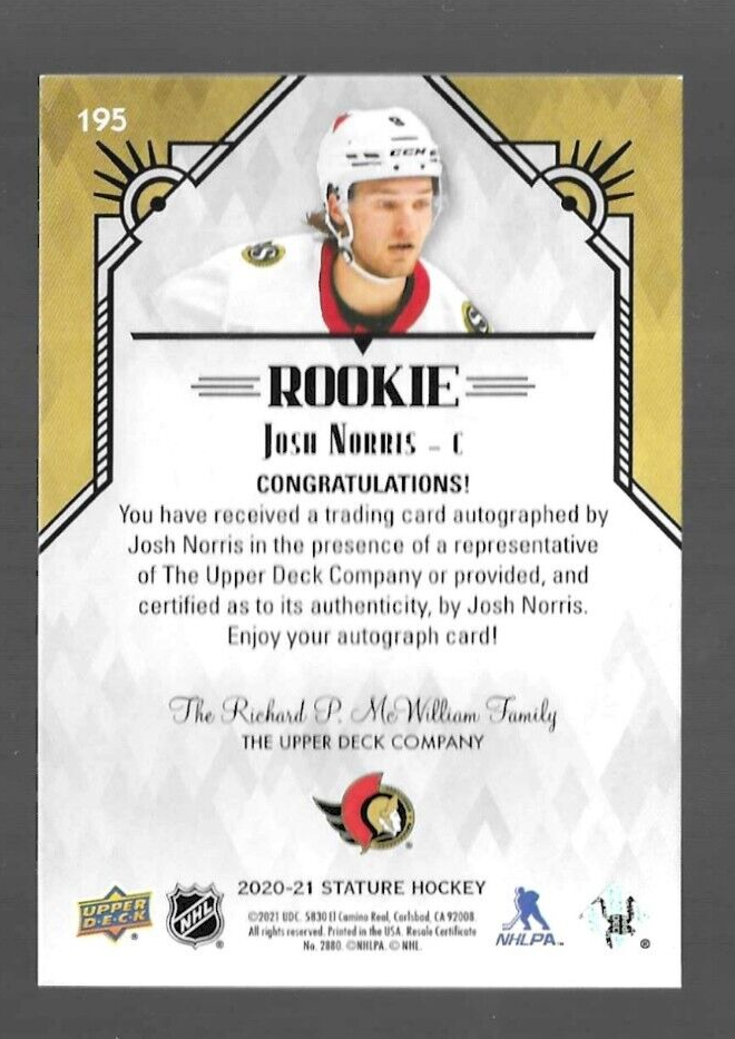 JOSH NORRIS 2020-21 UD STATURE ROOKIE AUTOGRAPH 195 RC auto OTTAWA ...