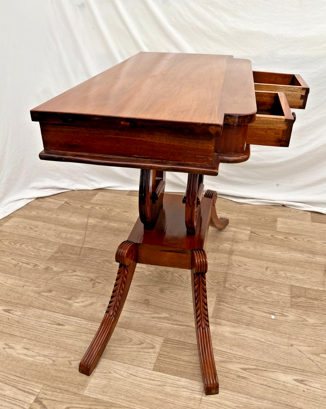 Console Table Lyre Violin Double Harp Pedestal Base Two Drawers Carved ...