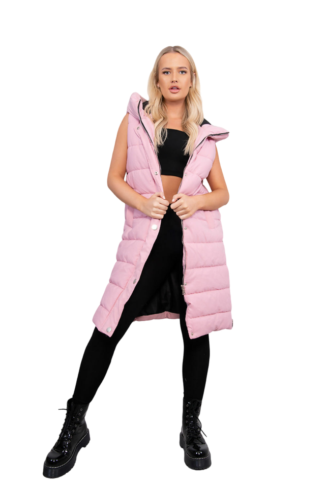 Ladies Women's Hooded Puffer Gilet Jacket Long A-Line Padded Coat Body ...