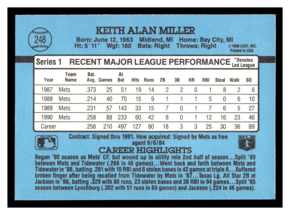 1991 Donruss #248 Keith Miller - New York Mets | eBay