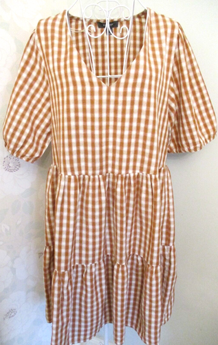 Primark women's tan/white gingham check short sleeve prairie style ...