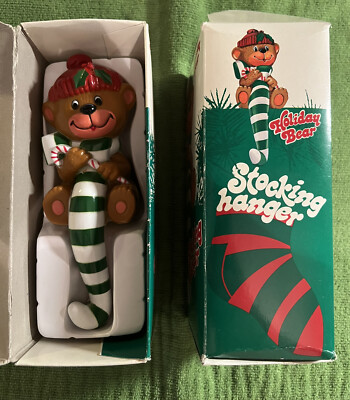 2 Vintage Christmas Stocking Hangers Holiday Bear Candy Cane Holder ...