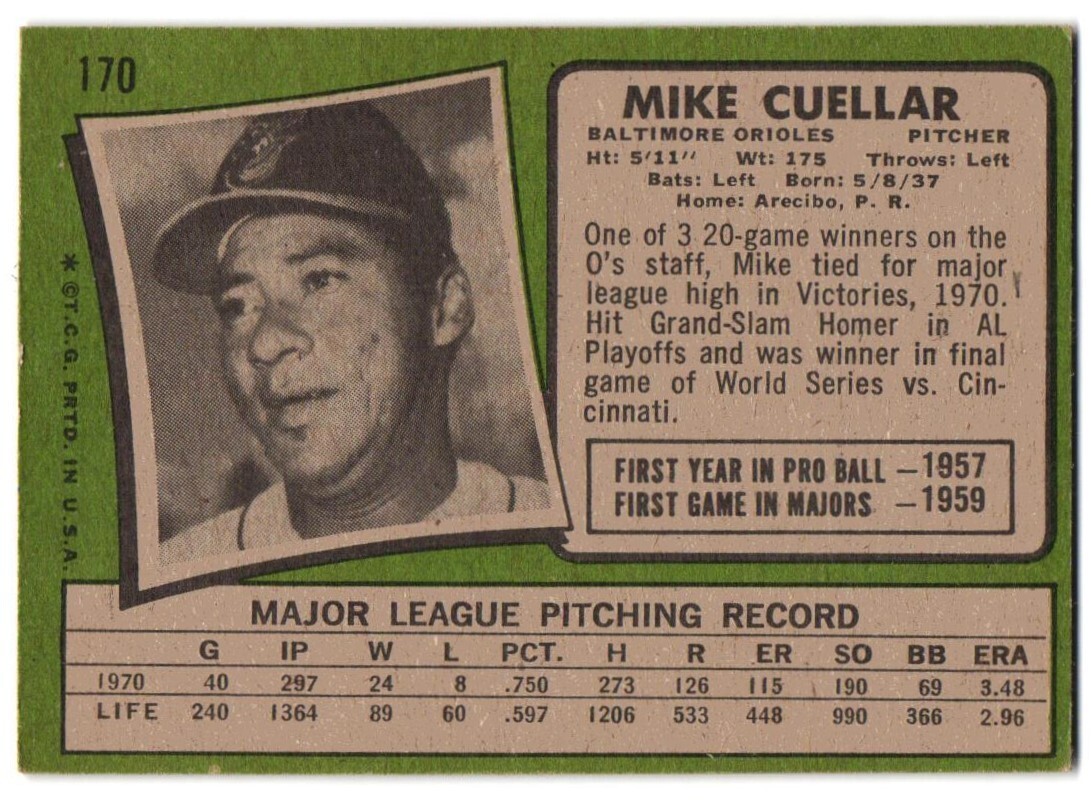 1971 Topps Baseball #170 Mike Cuellar Baltimore Orioles - EX | eBay