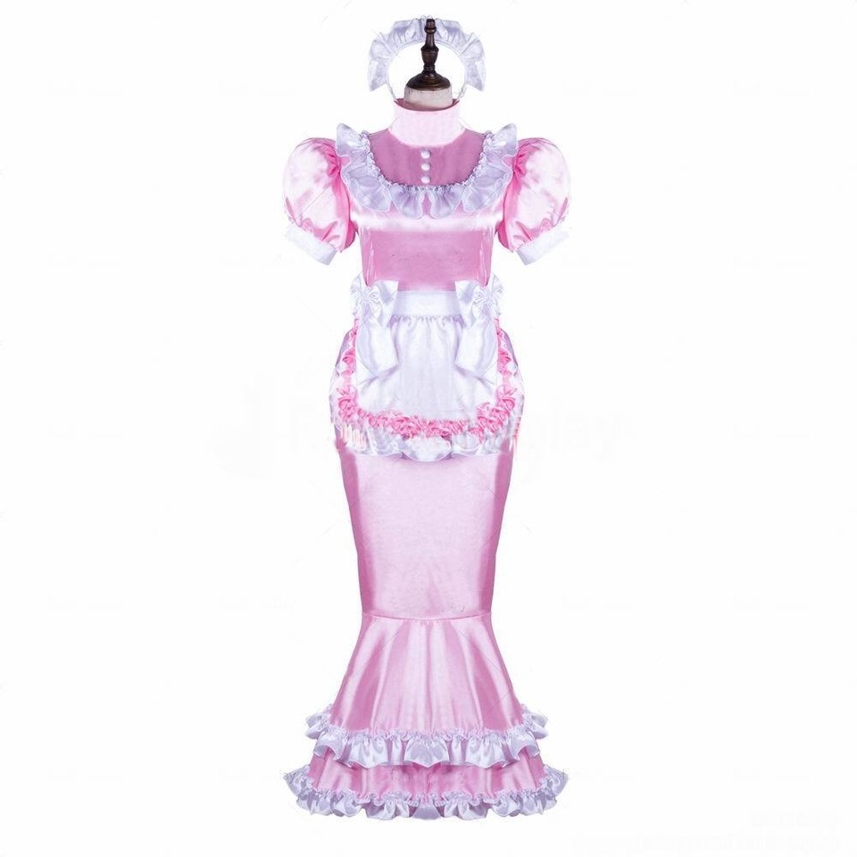 Girl Sissy Sexy maid fishtail skir Satin Lockable Dress Cosplay Costume ...