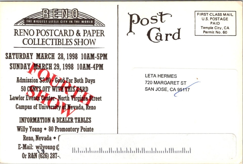 Reno Nevada NV Reno Postcard Paper Collectibles Show 1998 North ...