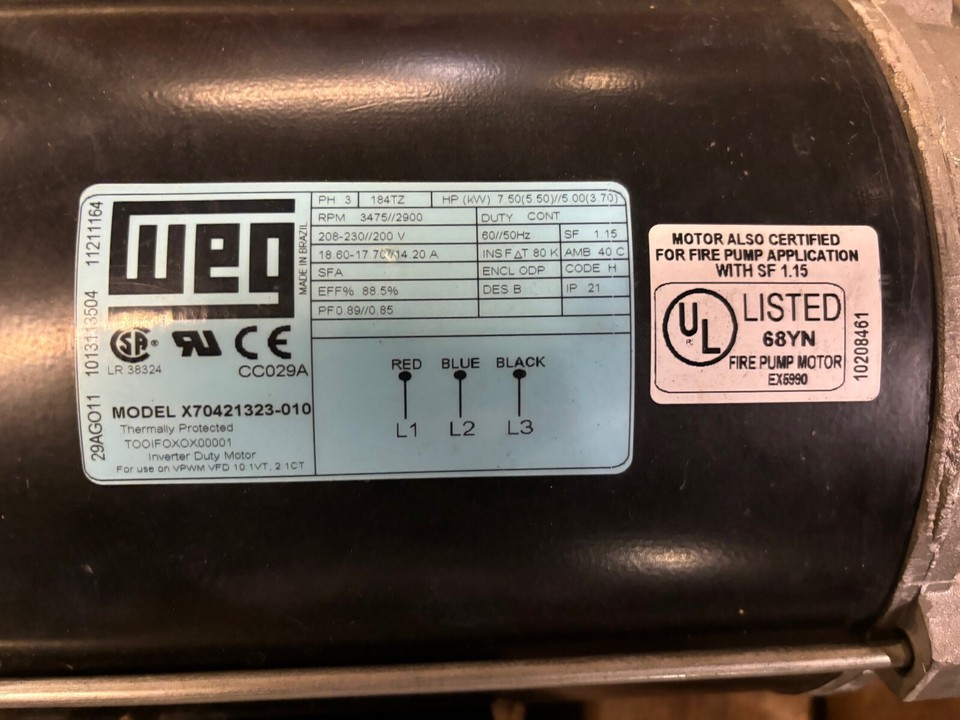 WEG X70421323-010 7.5HP 184TZ Frame 3PH 3475RPM inverter Duty 208-230 ...