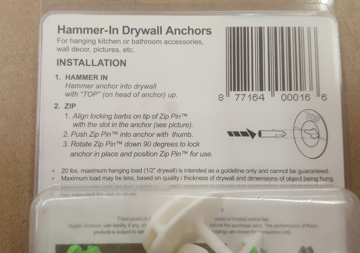 RAPTOR HAMMER IN DRYWALL ANCHORS WITH SMALL PICTURE HOOKS - 5 PACK ...