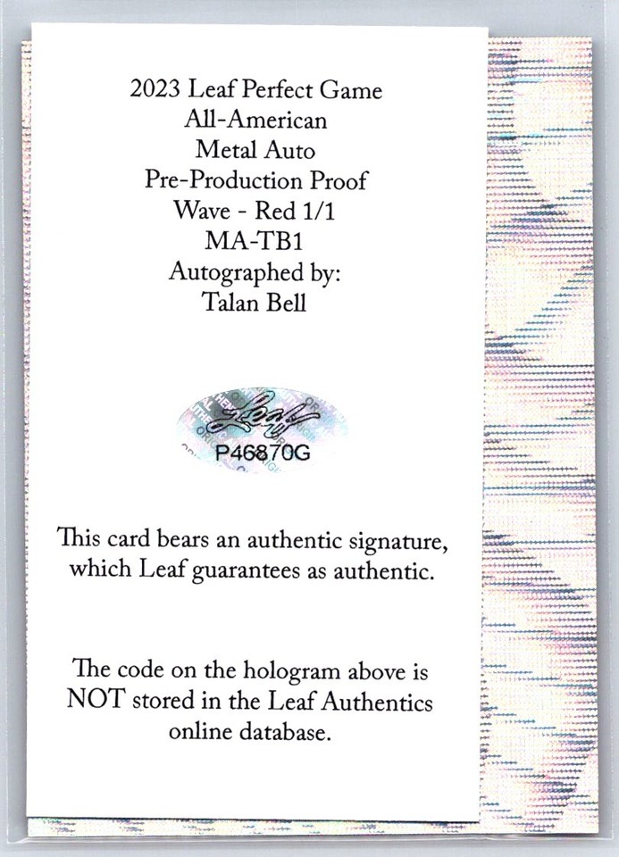 2023 Leaf Perfect Game Baseball Bonus Auto #1/1 Talan Bell | eBay