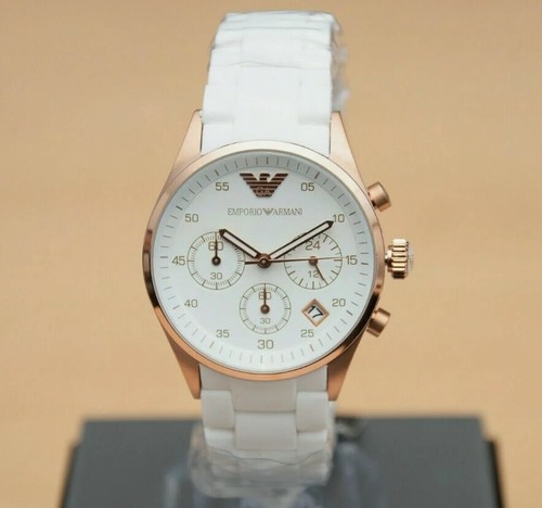 NEW AR5920 LUXURY EMPORIO ARMANI SILICONE ROSE GOLD WHITE DIAL LADIES ...