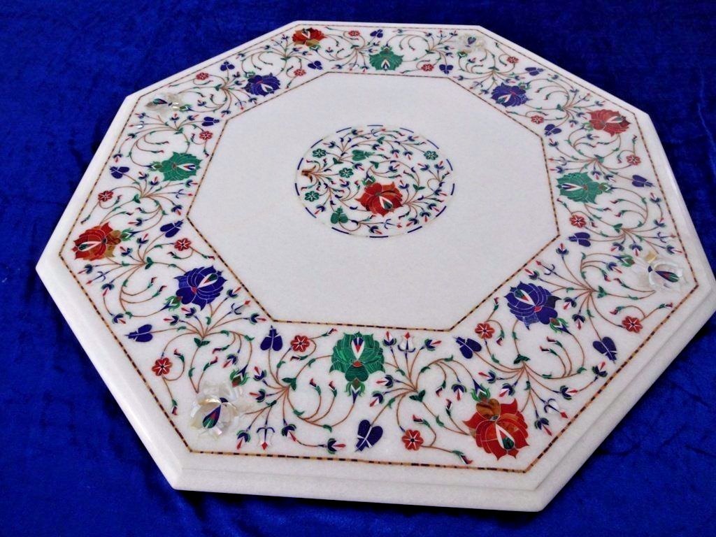 24" Set of Two White Marble Semi Precious Stones Table Top Inlay ...