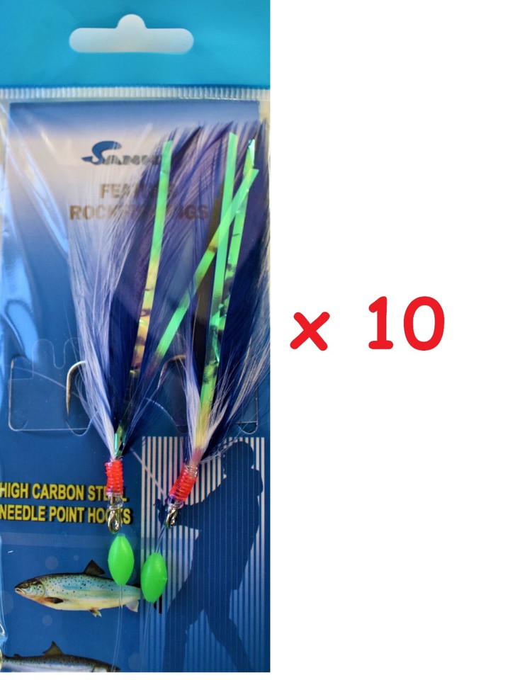 3,10,24,100 Packs Size 3/0 Rock Cod Feather Rigs Blue Feather Rockfish ...