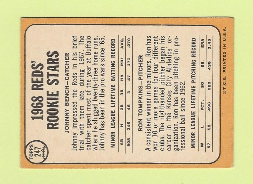 1968 Topps #247 JOHNNY BENCH Cincinnati Reds - Rookie Card - PERFECTLY ...