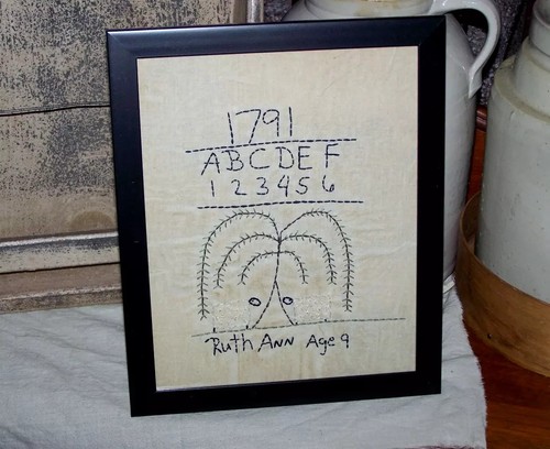 Primitive Willow Tree & Sheep Sampler Hand Stitched Picture 9 x 11 In ...
