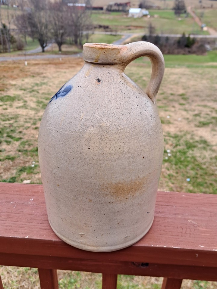 Antique Primitive Stoneware Jug Pottery Cobalt Floral Design 1 Gallon ...
