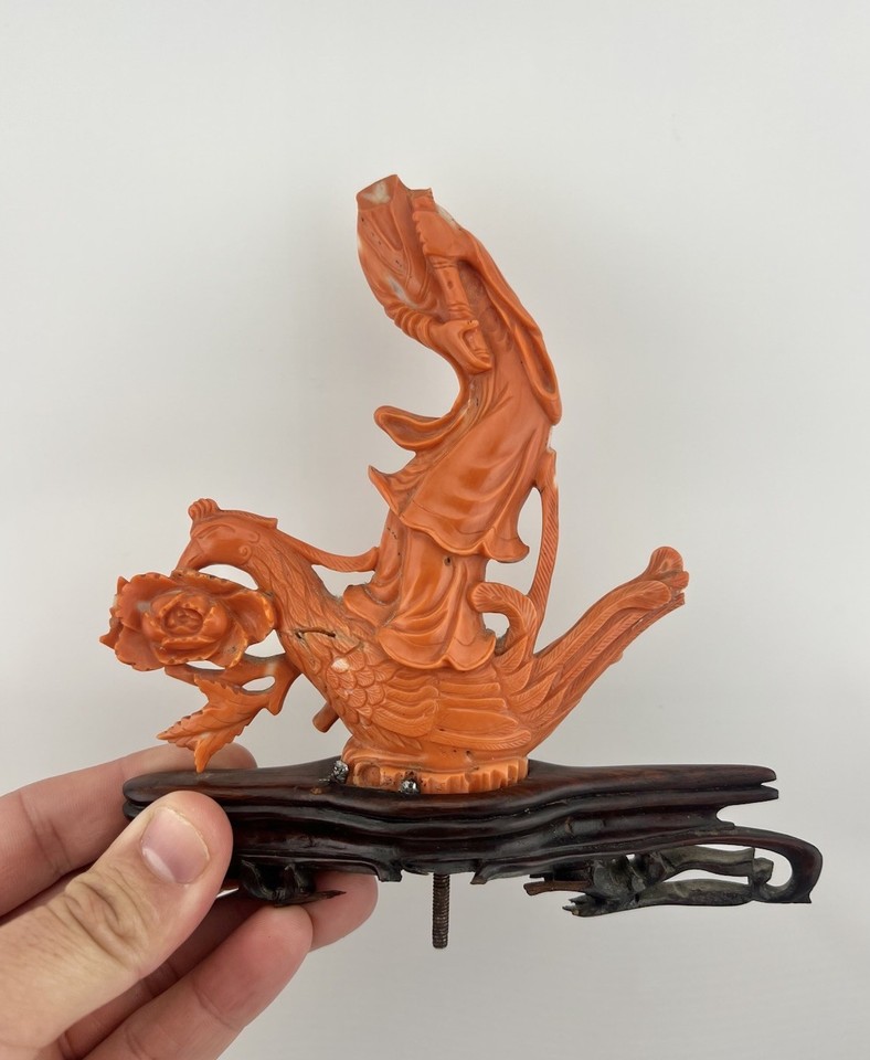 Antique Qing Dynasty Chinese Coral Carved Lady God & Phoenix Fenghuang ...