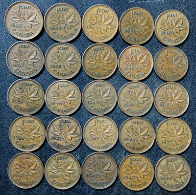 Old Canada Coin Lot - 1938-1945 - KGVI SMALL CENTS - 25 Nice Coins- Lot ...