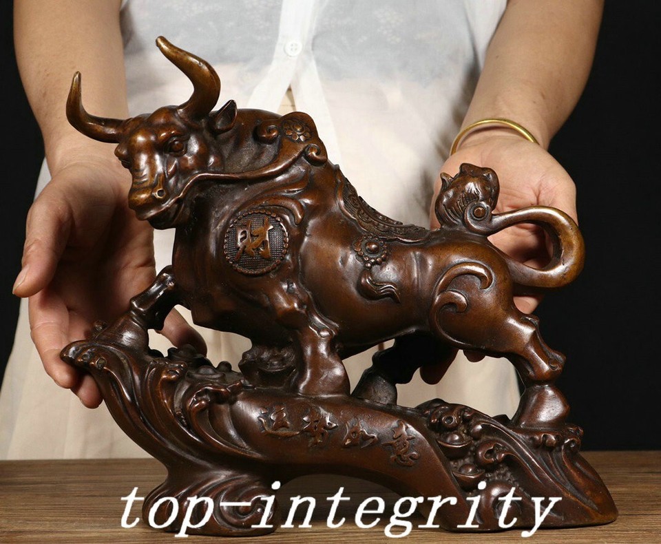 11" China Pure Bronze Fengshui Cattle Ox Bull Animal Decoration Statue ...