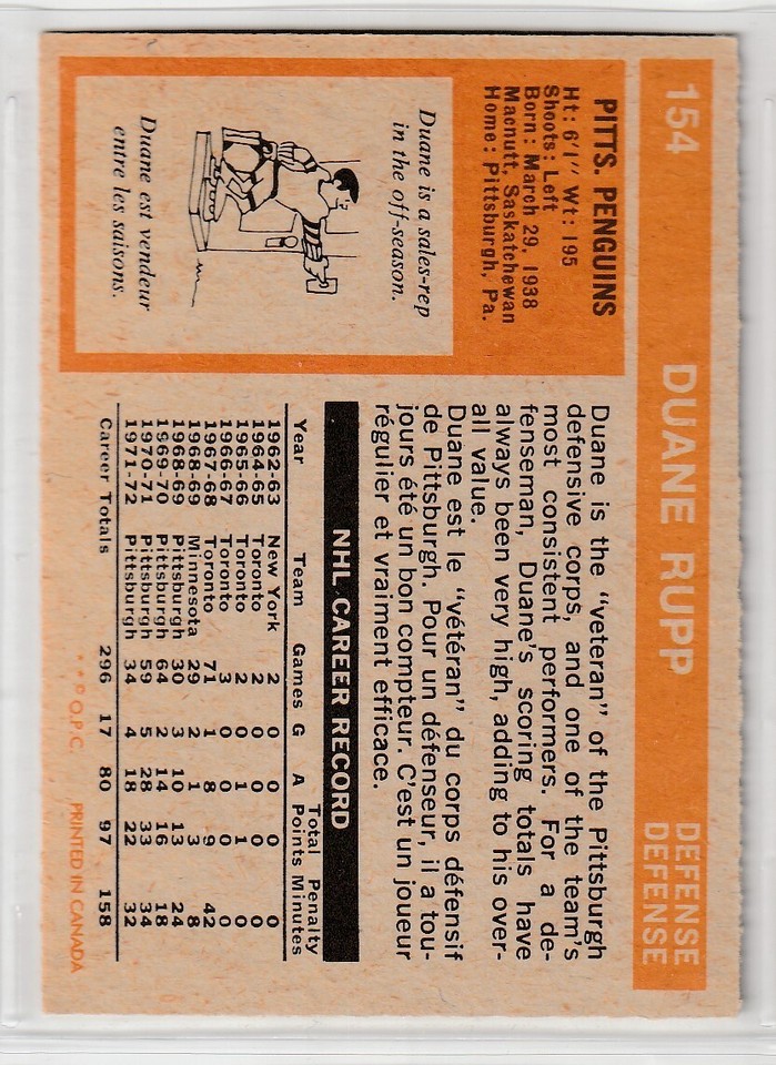 1972-73 O Pee Chee Hockey #154 Duane Rupp Pittsburgh Penguins | eBay