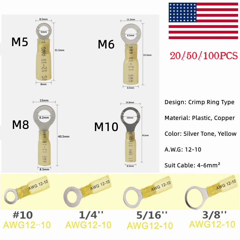M5 M6 M8 M10 12-10AWG Heat Shrink Ring Terminal Wire Crimp Connectors ...