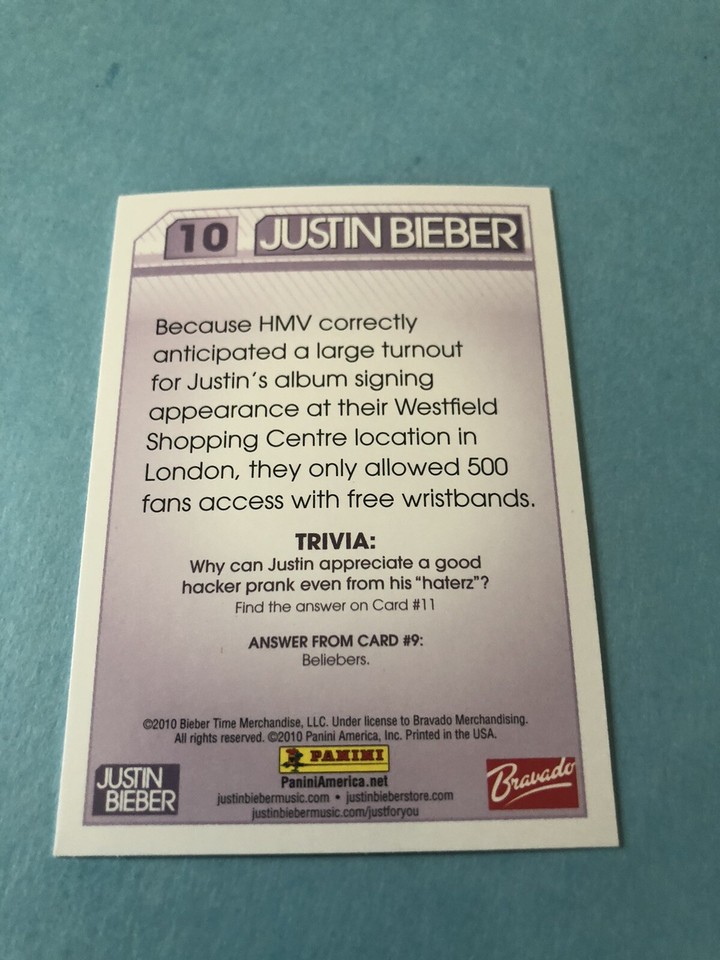 JUSTIN BIEBER 2010 Panini 1st Print ROOKIECARD#10 | eBay