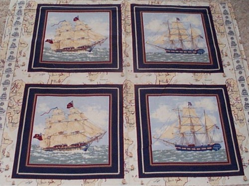 4 Tall Ships Boats Pillow Panels Fabric Ancient Mariners Nautical 100% ...